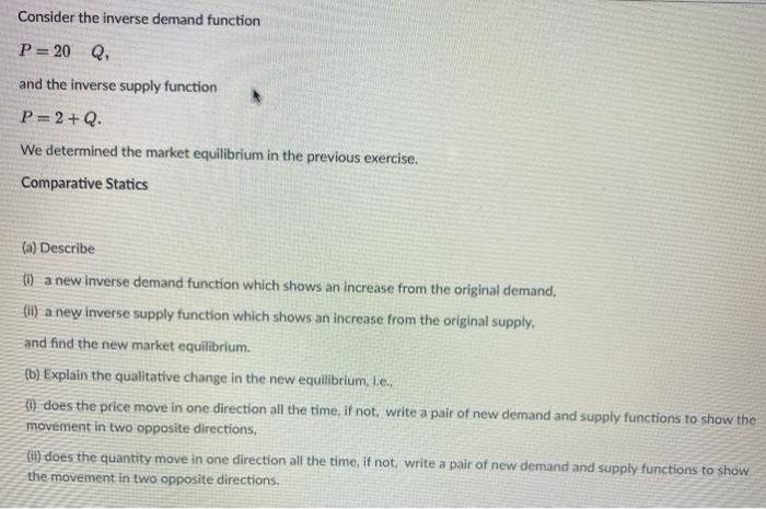 Solved Consider the inverse demand function P = 20 Q and the | Chegg.com