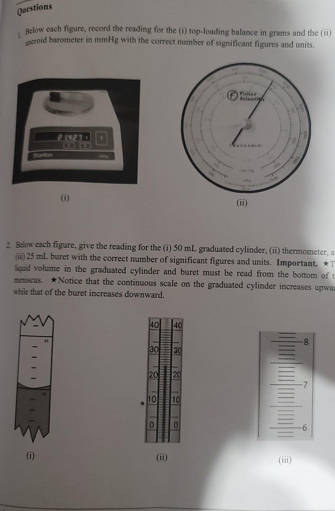 Solved Questions 1. Below each figure, record the reading | Chegg.com