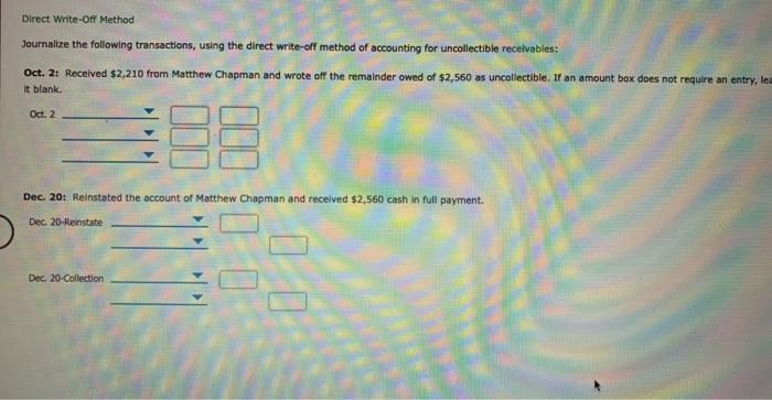 Solved Direct Write-Off Method Journalize the following | Chegg.com