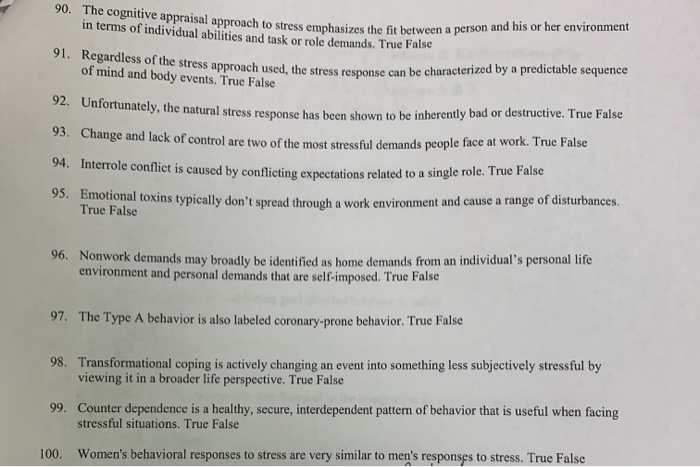 Solved 90. The cognitive appraisal approach to stress | Chegg.com