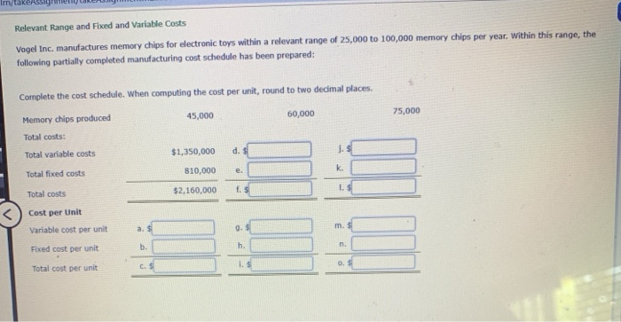 Solved Relevant Range and Fixed and Variable Costs Vogel Inc | Chegg.com