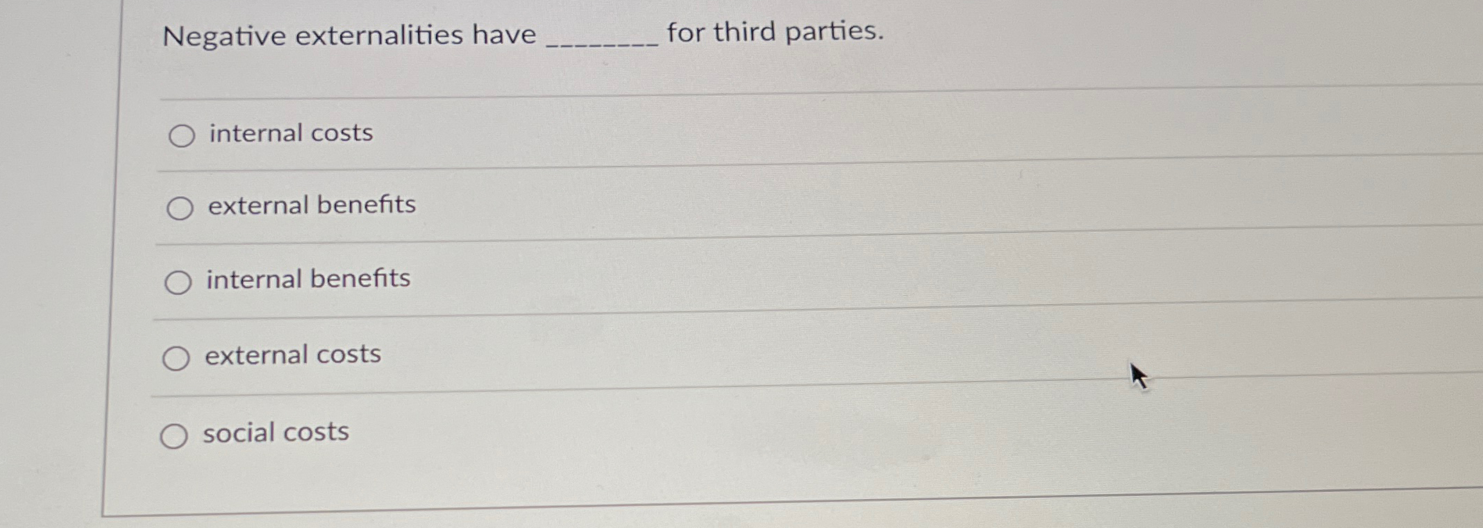 Solved Negative externalities have ﻿for third parties. | Chegg.com