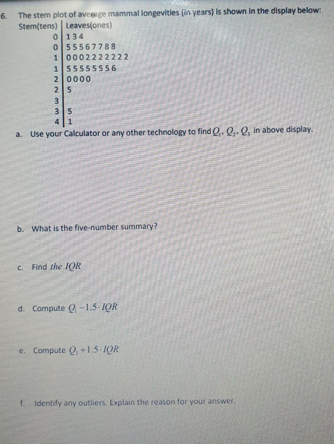 Solved The stem plot of aveeage mammal longevitles (in | Chegg.com