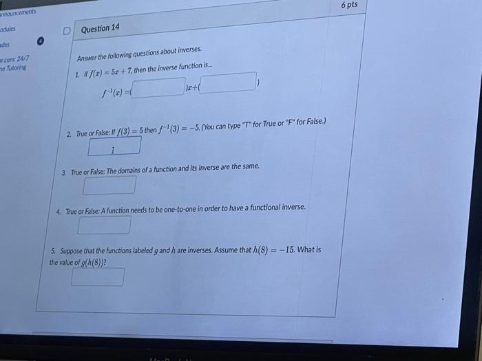 Solved 1. If f(x)=5x+7, then the inverse function is... | Chegg.com