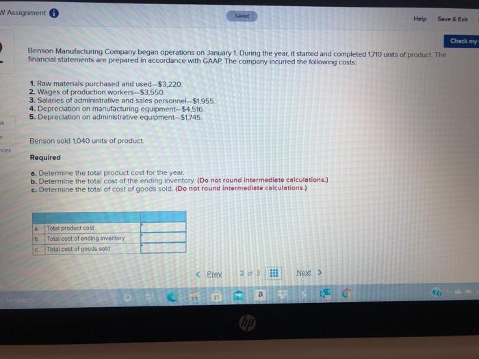 Solved N Assignment Saved Help Save & Ex Check my Benson | Chegg.com