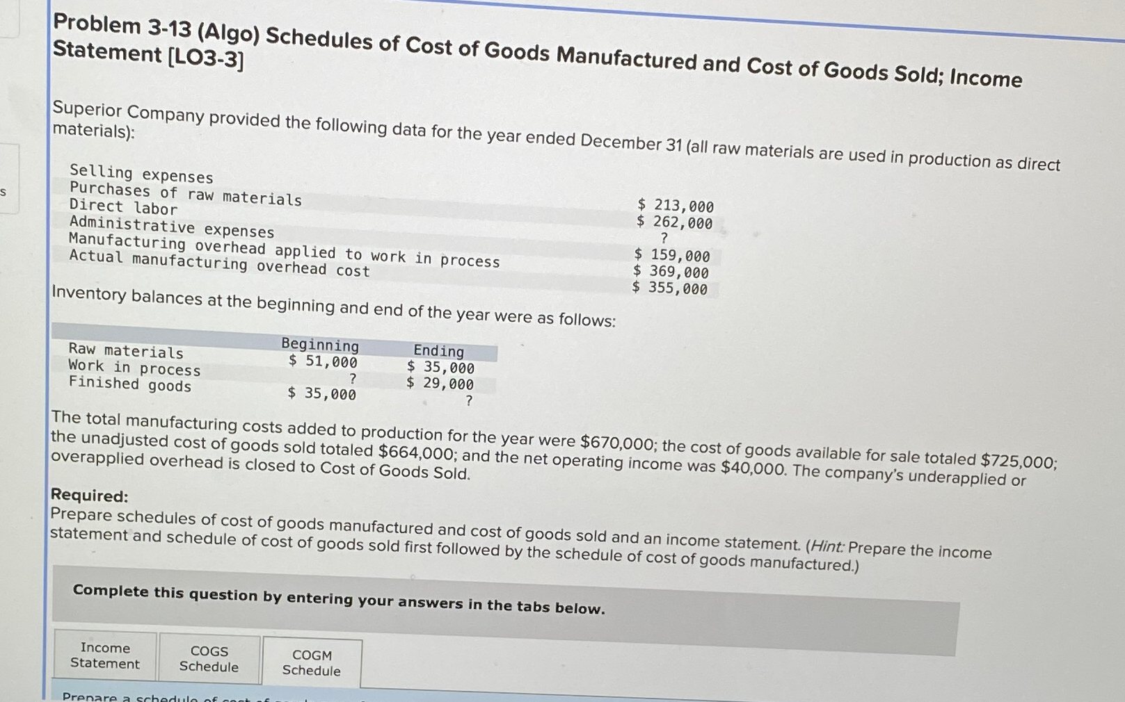 Solved Problem 3-13 (Algo) ﻿Schedules of Cost of Goods | Chegg.com