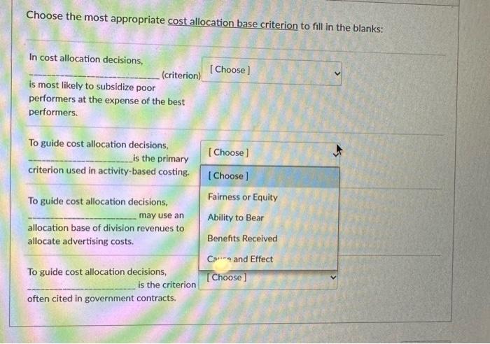 Solved Choose the most appropriate cost allocation base | Chegg.com