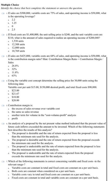 Solved Multiple Choice ldentify the choice that best | Chegg.com