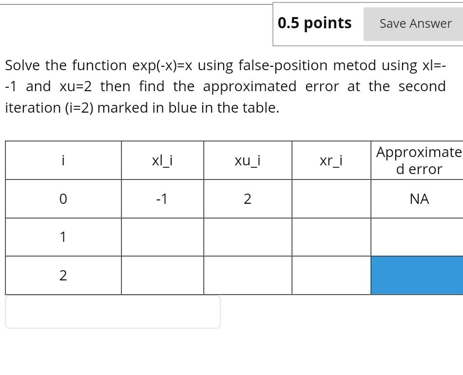 Solve the function exp(−x)=x using false-position | Chegg.com