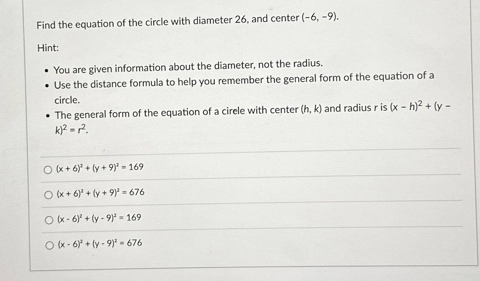 Solved Find the equation of the circle with diameter 26 , | Chegg.com