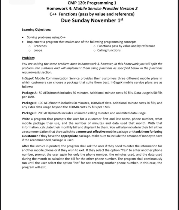 Solved CMP 120: Programming 1 Homework 4: Mobile Service | Chegg.com
