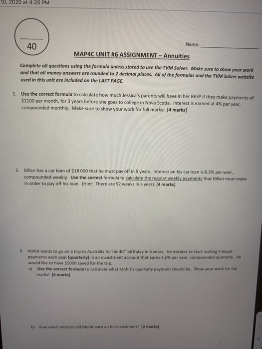 Solved 10, 2020 at 4:35 PM Name: 40 MAP4C UNIT #6 ASSIGNMENT | Chegg.com