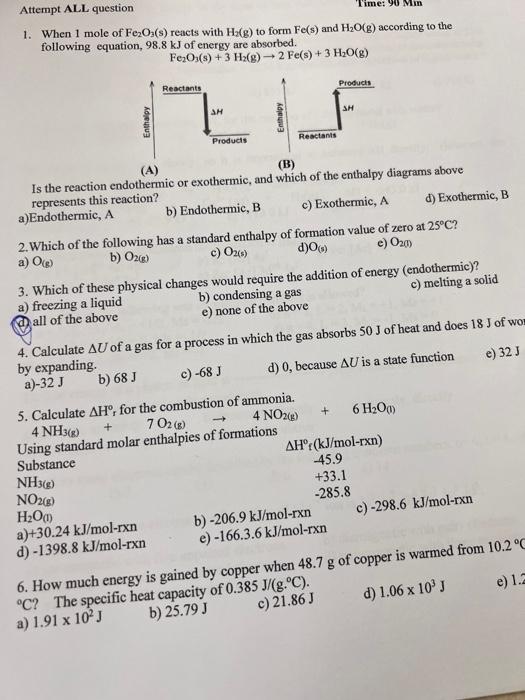 Solved 1. When 1 mole of Fe2O3 (s) reacts with H2( g) to | Chegg.com