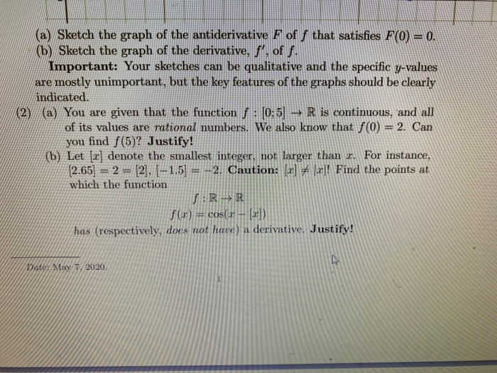 Solved (a) Sketch the graph of the antiderivative F off that | Chegg.com