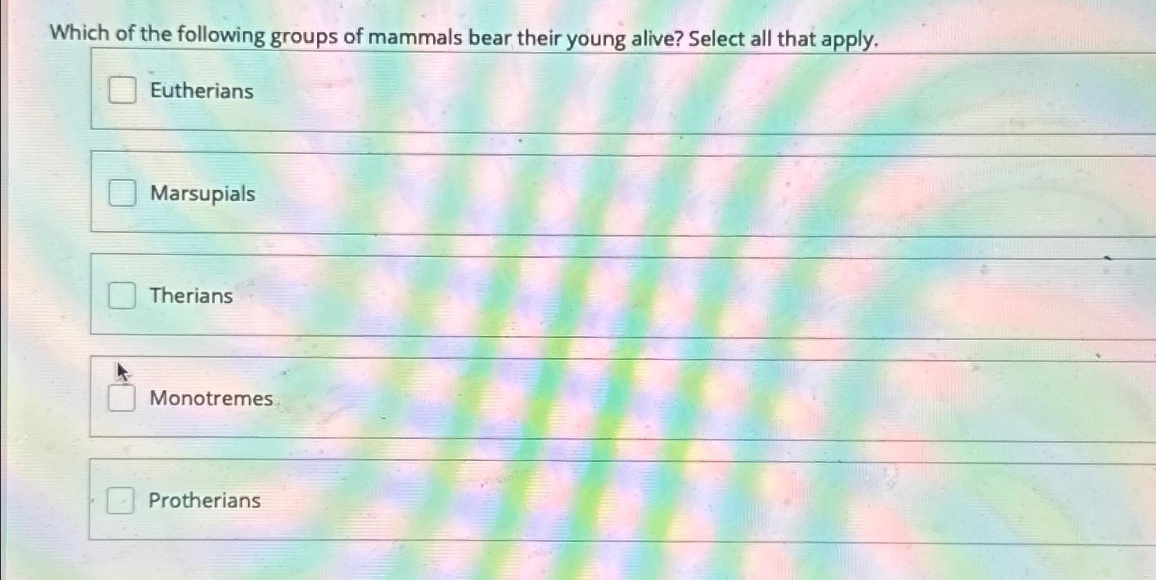 Solved Which of the following groups of mammals bear their | Chegg.com