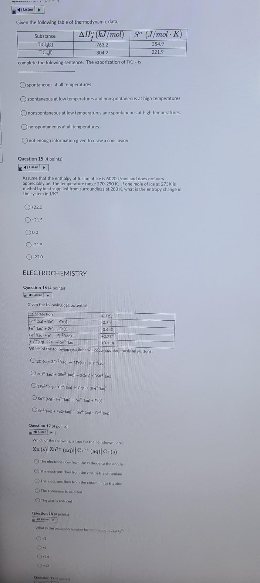 Solved Listen Given the following table of thermodynamic | Chegg.com