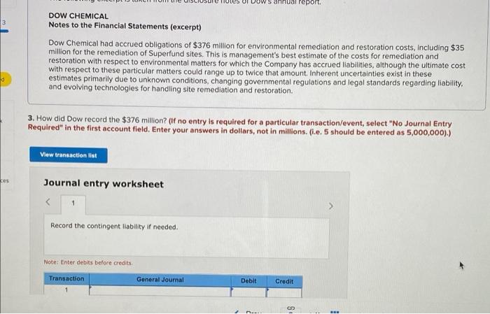 Solved Ows annual report. 3 DOW CHEMICAL Notes to the | Chegg.com