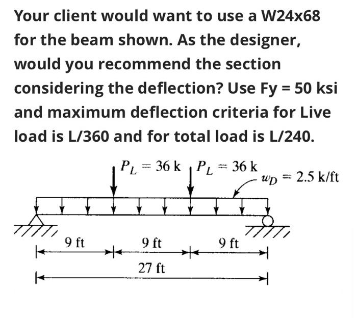 Solved Your client would want to use a W24x68 for the beam | Chegg.com