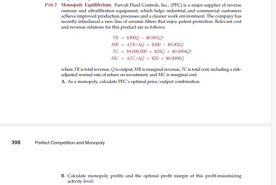 Solved P10.7 ﻿Monopoly Equilibríum. ﻿Parvati Fluid Controls, | Chegg.com