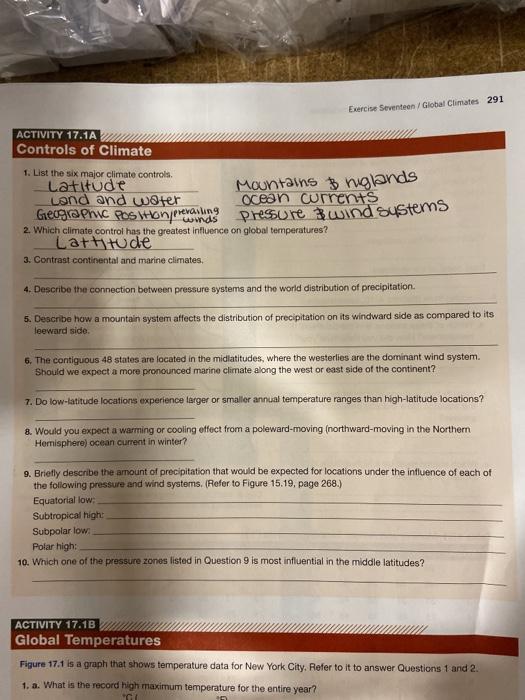 Solved os Exercise Seventeen / Global Climates 291 ACTIVITY | Chegg.com