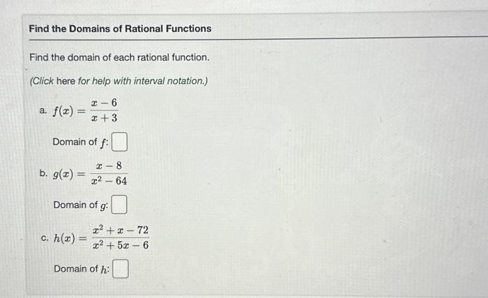 Solved Find the domain of each rational function. (Click | Chegg.com