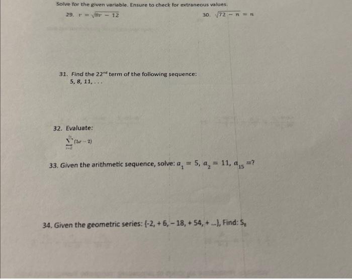 Solved Solve for the given variable. Ensure to check for | Chegg.com