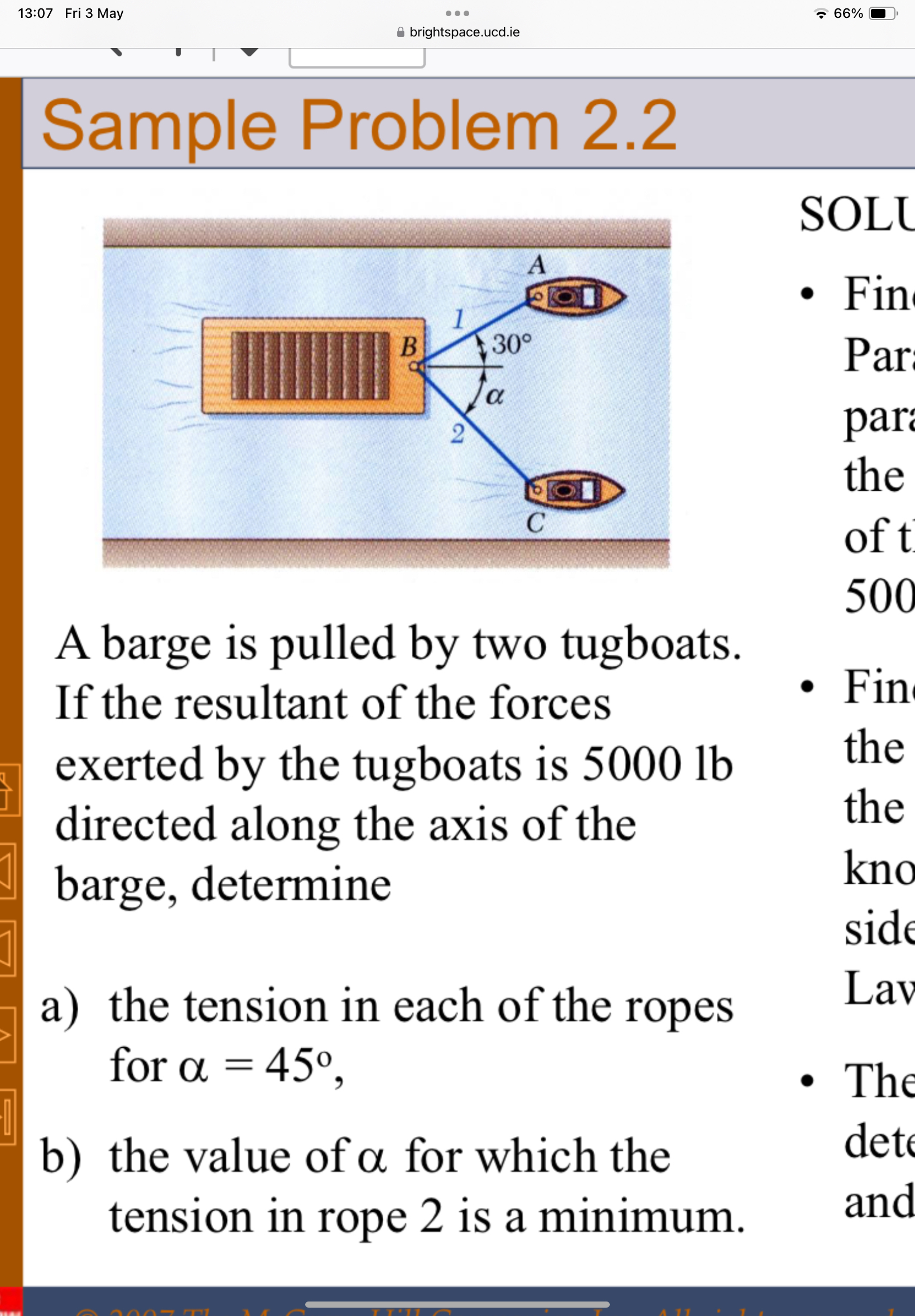 Solved Sample Problem 2.2A barge is pulled by two tugboats. | Chegg.com