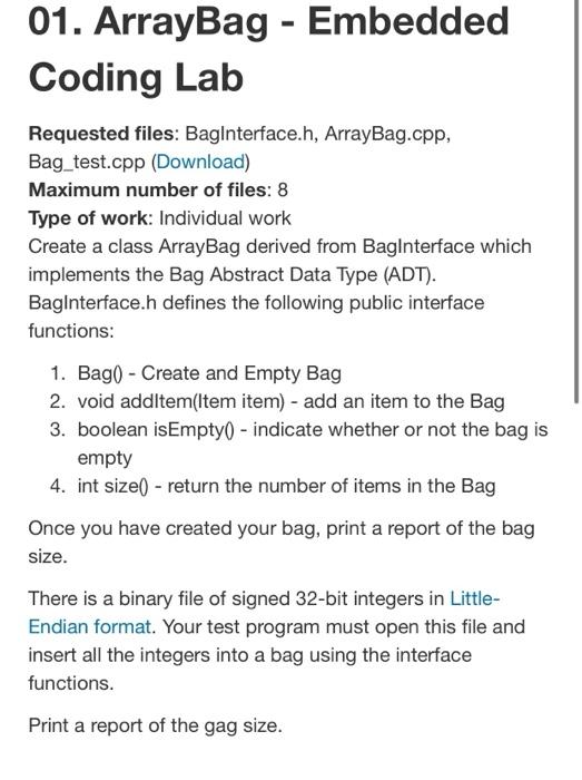 Solved 01. ArrayBag - Embedded Coding Lab Requested files: | Chegg.com
