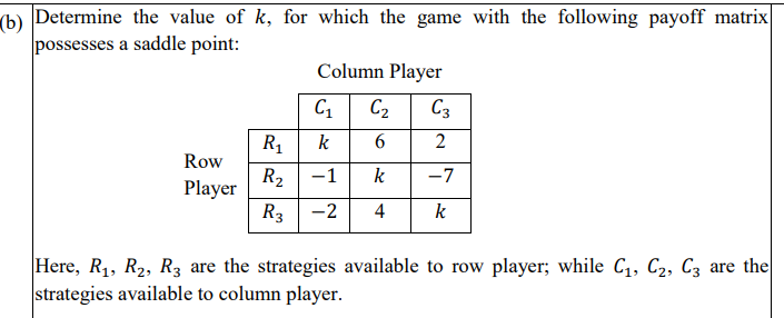 Solved (b) ﻿Determine the value of k, ﻿for which the game | Chegg.com