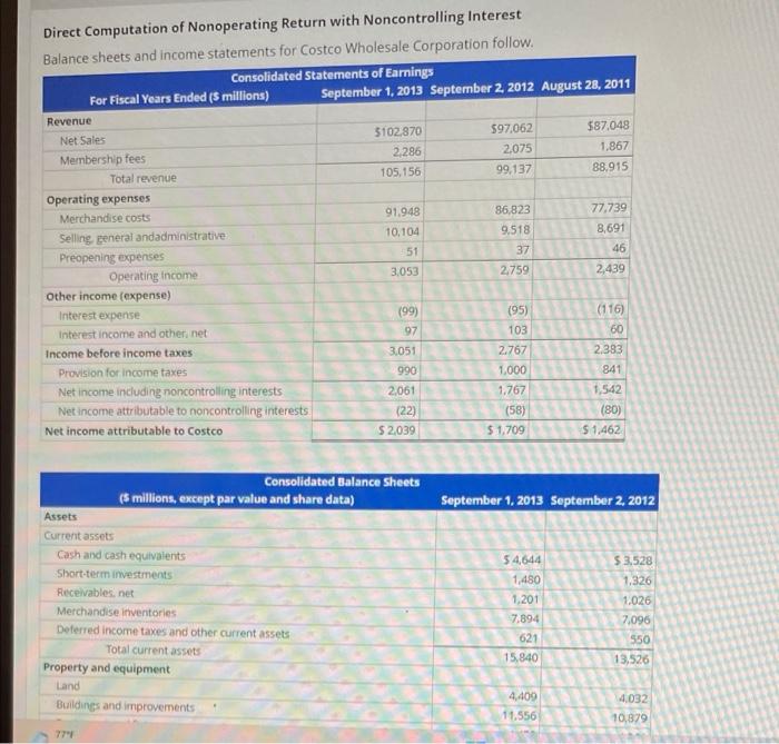 Direct Computation of Nonoperating Return with | Chegg.com