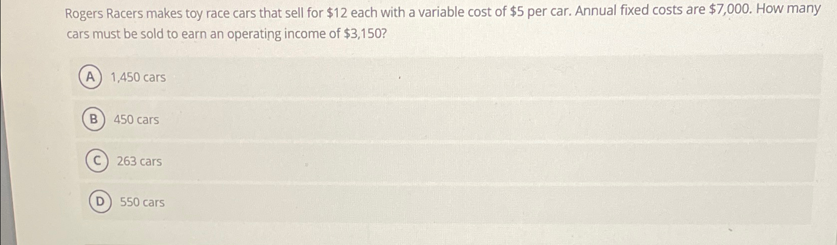 Solved Rogers Racers makes toy race cars that sell for $12 | Chegg.com