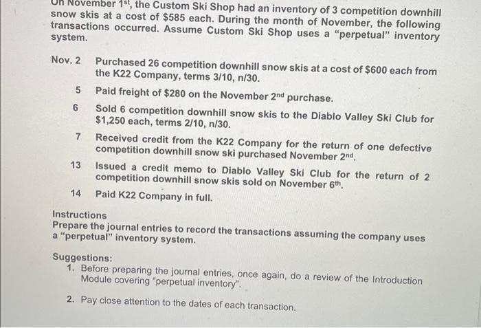 Solved November 18, the Custom Ski Shop had an inventory of | Chegg.com