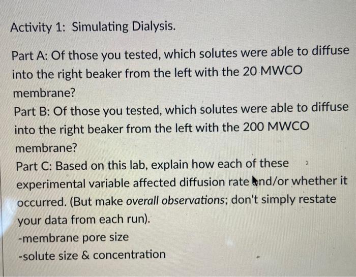 Solved Activity 1: Simulating Dialysis. Part A: Of those you | Chegg.com