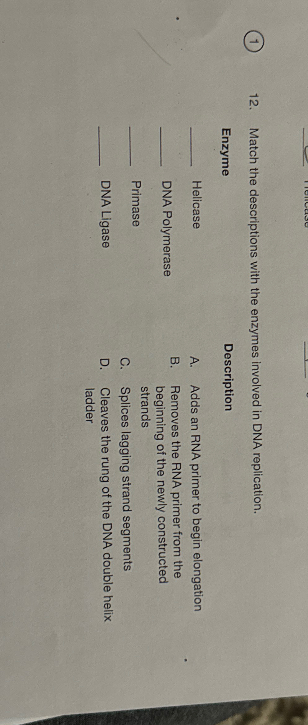 Solved (1). ﻿Match the descriptions with the enzymes | Chegg.com