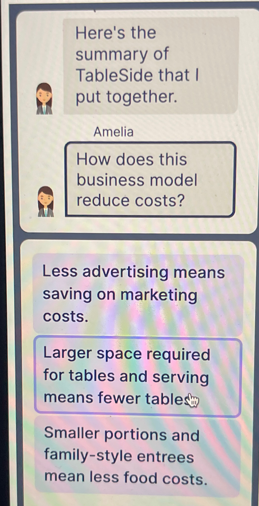 Solved Here's the summary of TableSide that I put | Chegg.com
