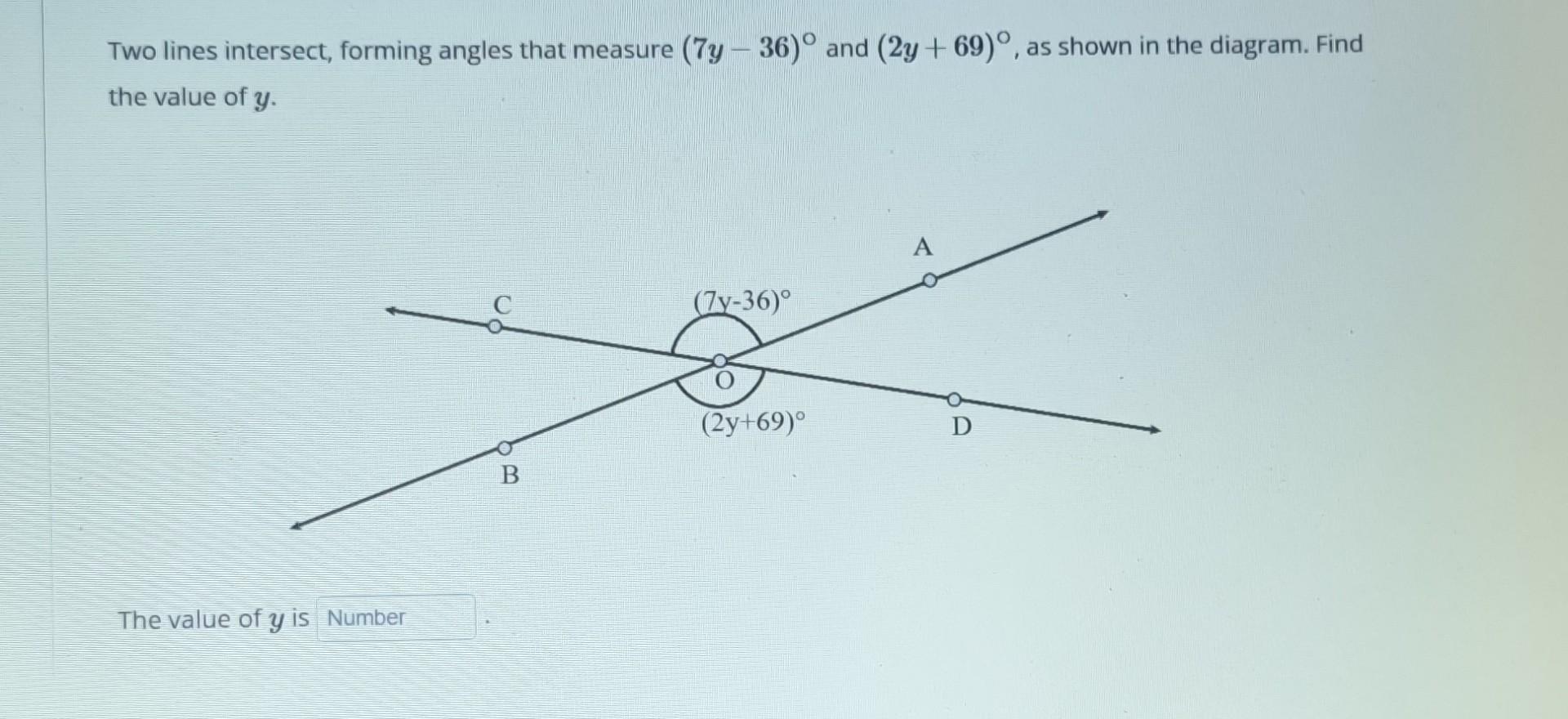 Solved Two lines intersect, forming angles that measure | Chegg.com