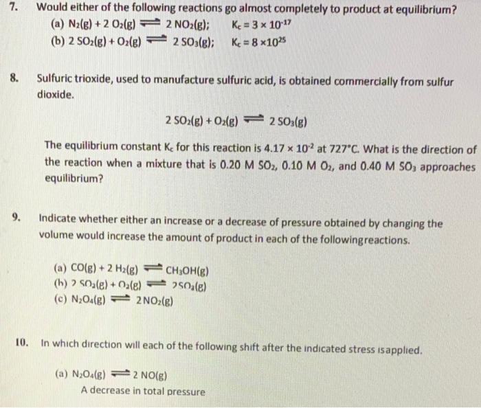 Solved 1. Write the equilibrium expressions Kc for the | Chegg.com