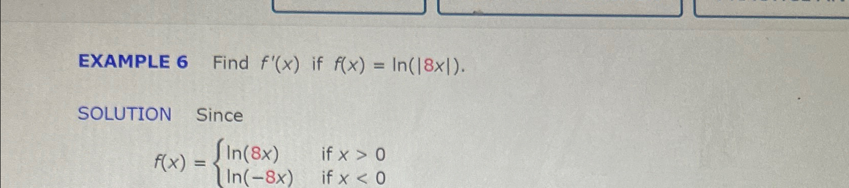 Solved EXAMPLE 6 ﻿Find f'(x) ﻿if f(x)=ln(|8x|).SOLUTION | Chegg.com