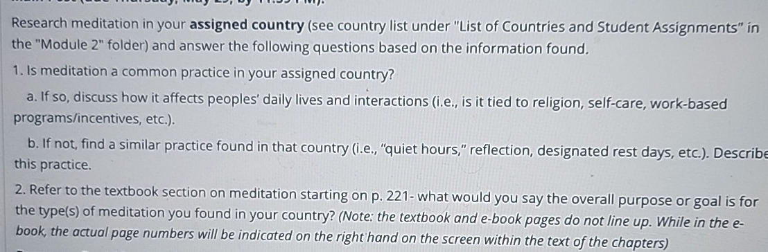 Solved Research meditation in your assigned country | Chegg.com