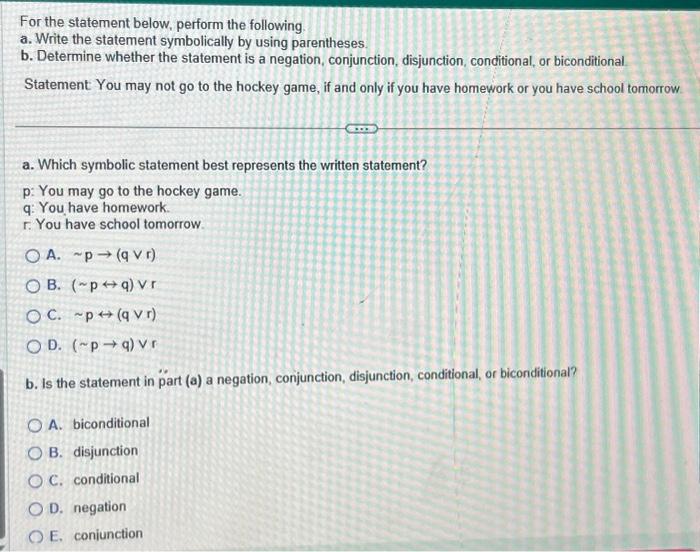 Solved For the statement below, perform the following. a. | Chegg.com