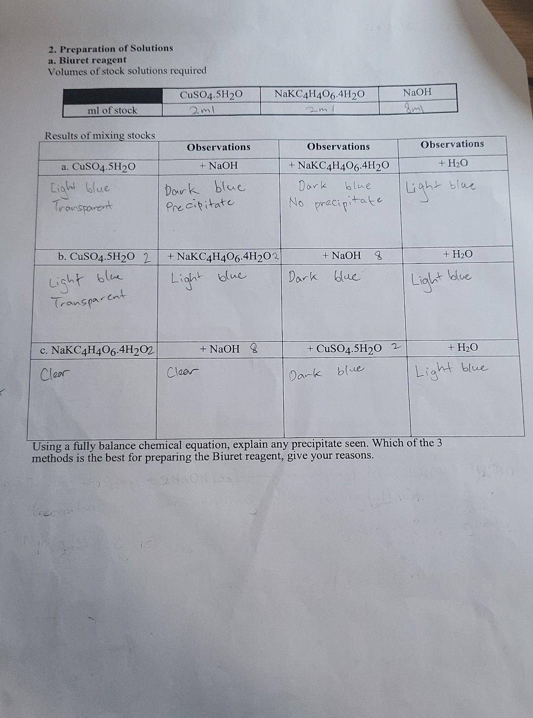 Solved 2. Preparation of Solutions a. Biuret reagent Volumes | Chegg.com
