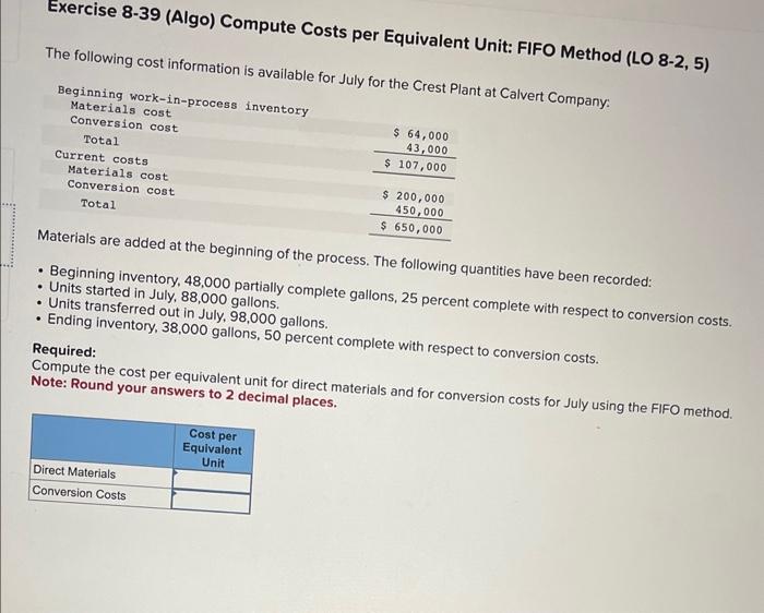 Solved Exercise 8-39 (Algo) Compute Costs per Equivalent | Chegg.com