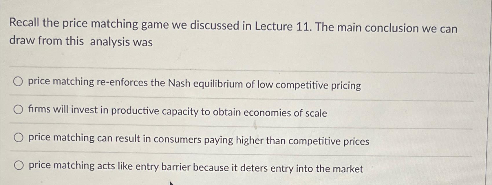 Solved Recall the price matching game we discussed in | Chegg.com