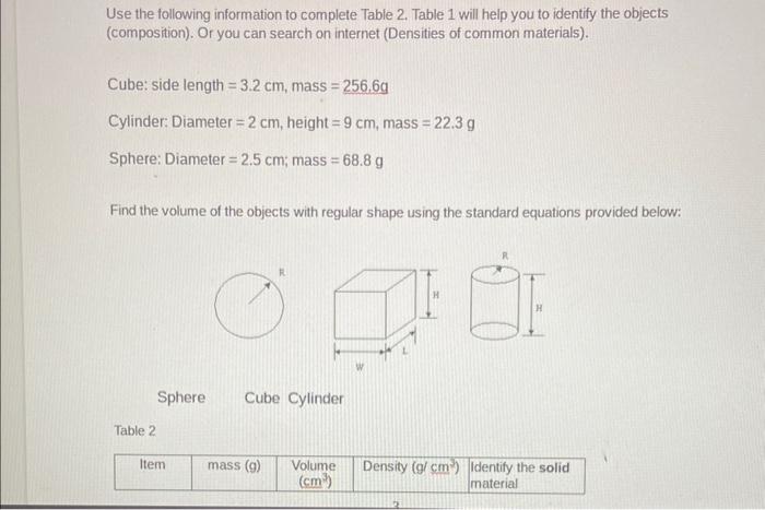 Solved Use the following information to complete Table 2. | Chegg.com