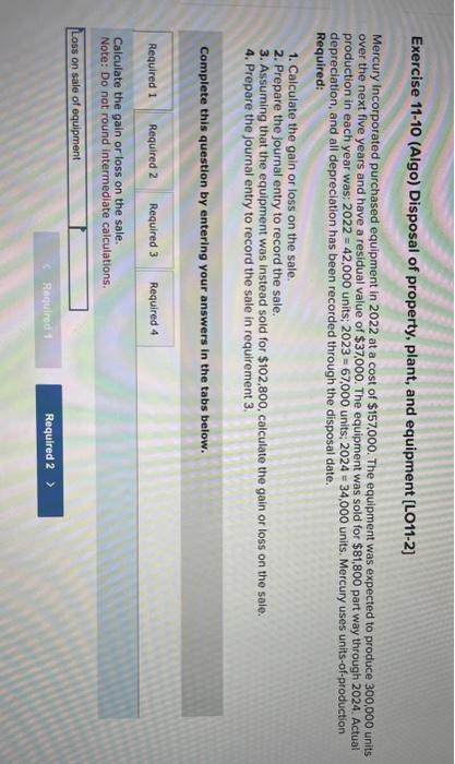 Solved Exercise 11-10 (Algo) Disposal of property, plant, | Chegg.com