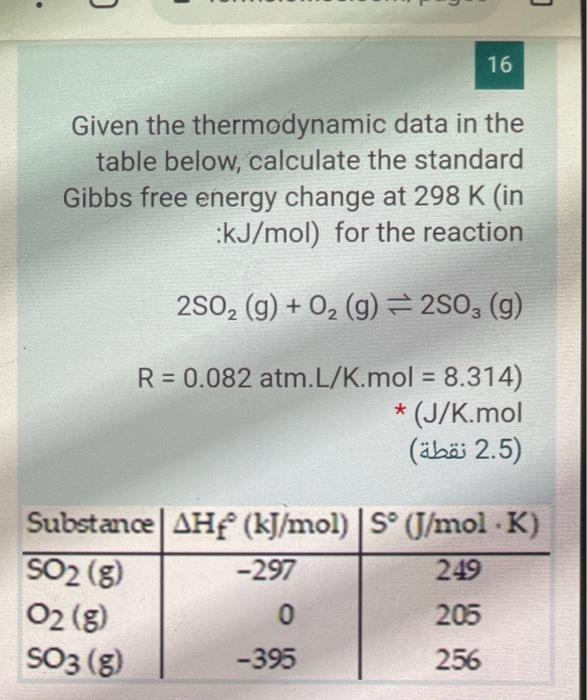 Solved ) 16 Given the thermodynamic data in the table below, | Chegg.com