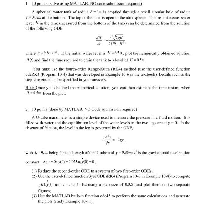 Solved 1. 10 points (solve using MATLAB: NO code submission | Chegg.com