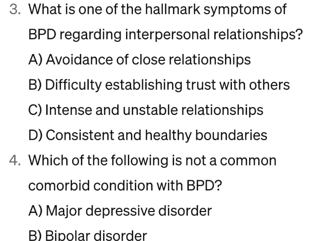 Solved What is one of the hallmark symptoms of BPD regarding | Chegg.com