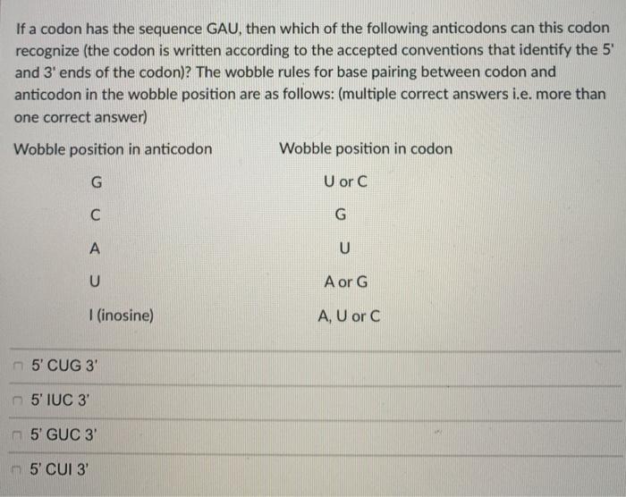 Solved If a codon has the sequence GAU, then which of the | Chegg.com