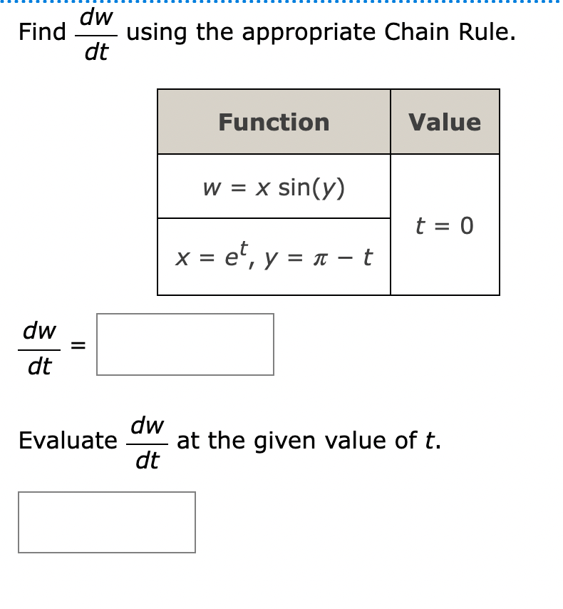 Solved Find dwdt ﻿using the appropriate Chain | Chegg.com